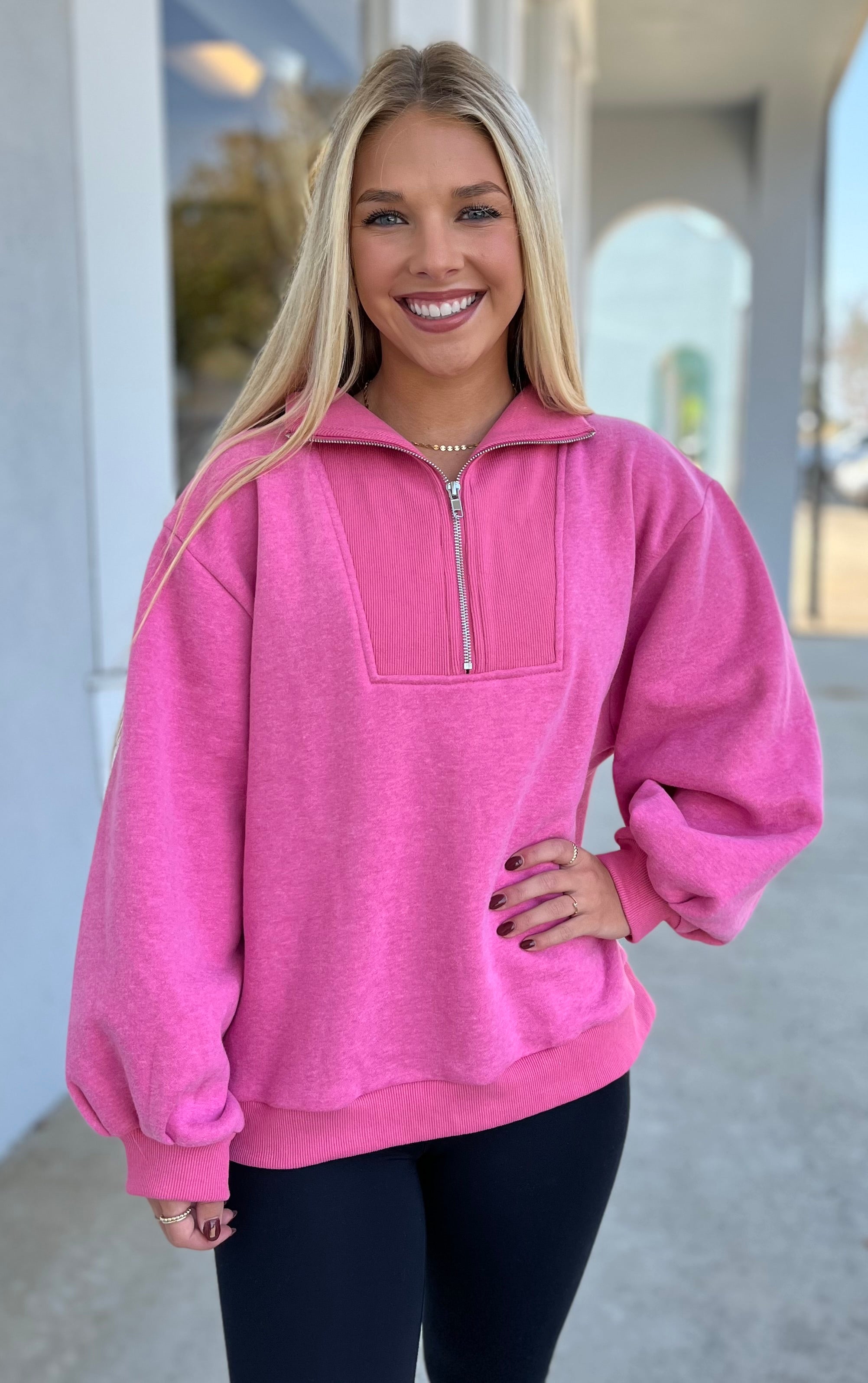 Pink Half Zip Sweatshirt – Three Sisters Boutique
